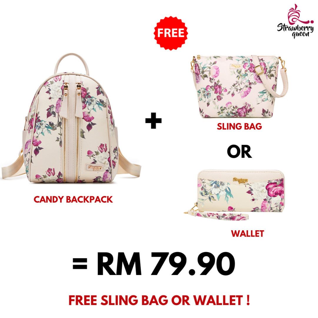 CANDY BACKPACK - FLORAL BL, BEIGE - Strawberry Queen